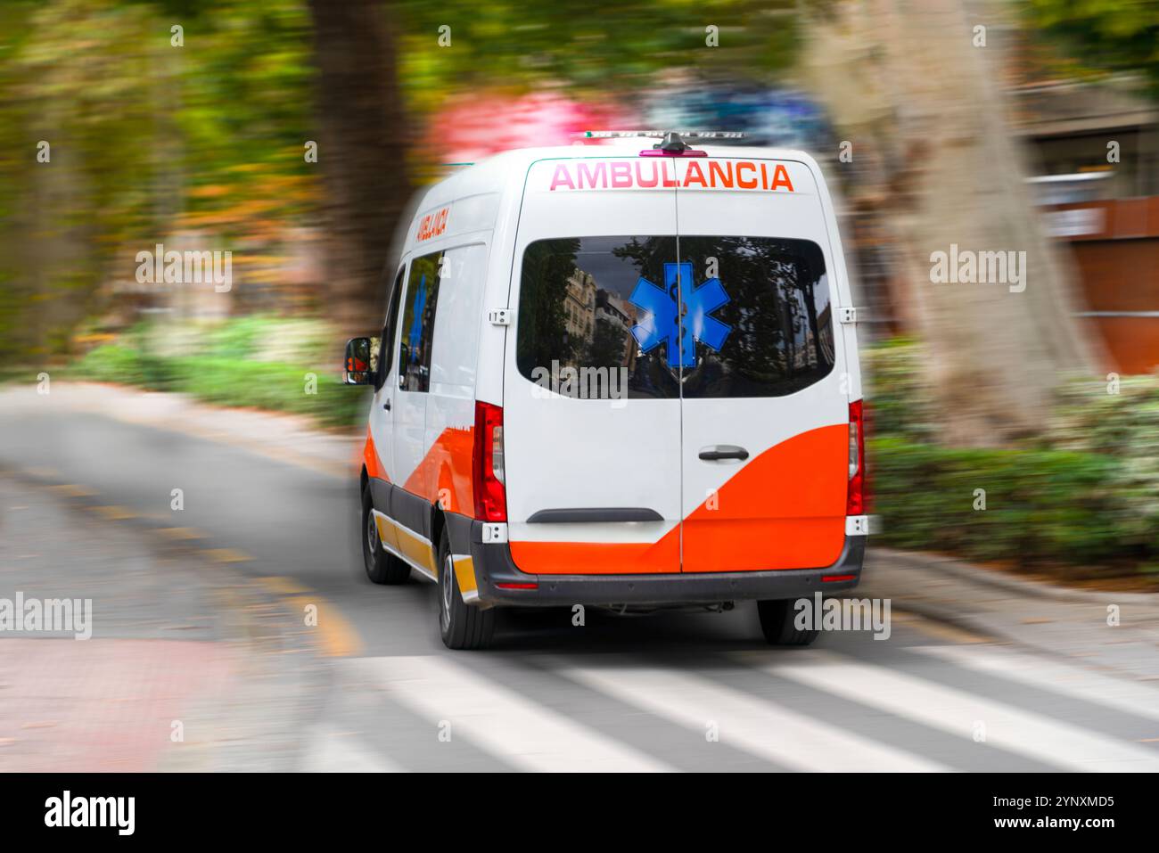 Closeup and back rear view of emergency ambulance car in the street, in ...