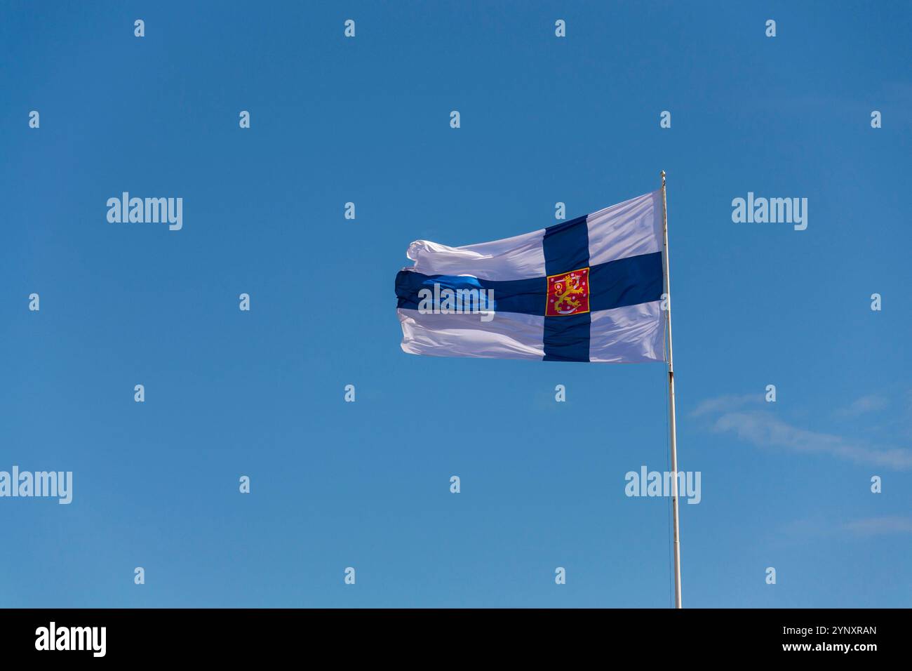 Finnish coat of arms on national flag in front of Helsinki cathedral on ...