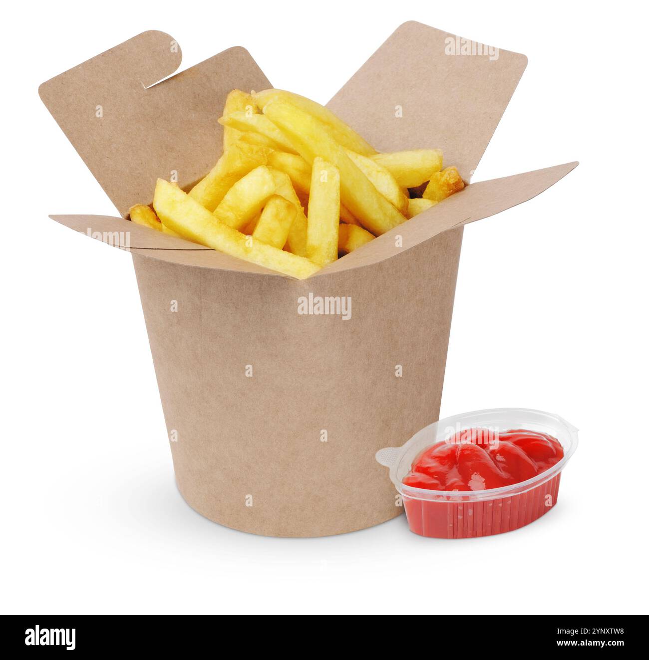 Paper box with tasty french fries and ketchup isolated on white ...
