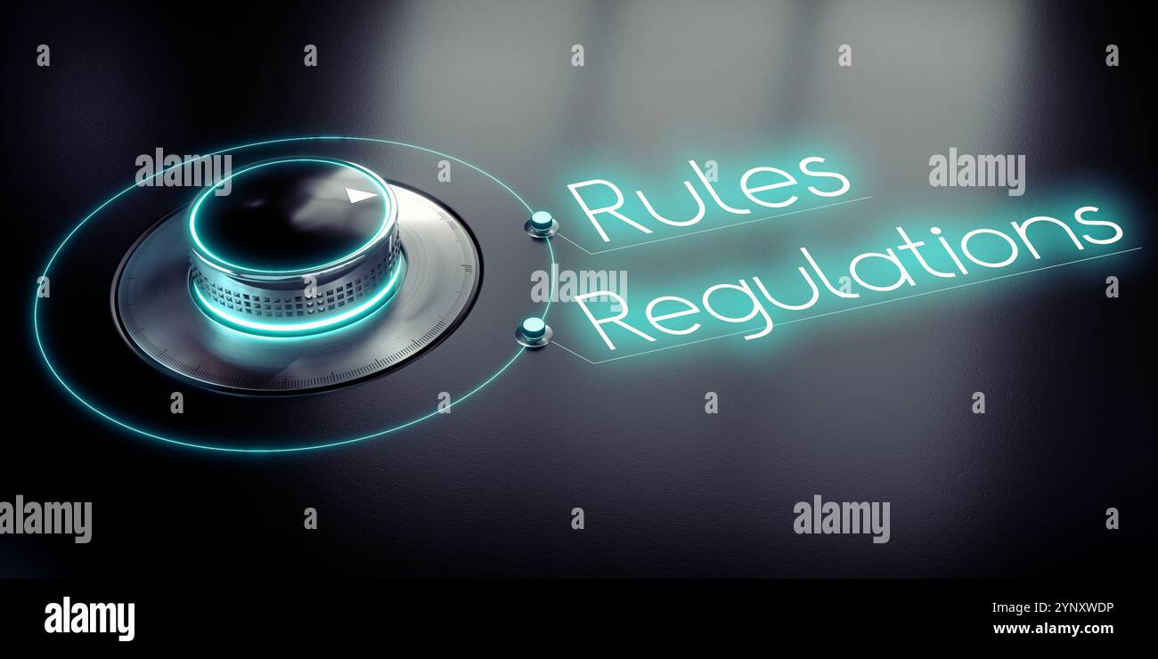 Rules, regulations - rotary knob and glowing words - 3D illustration ...