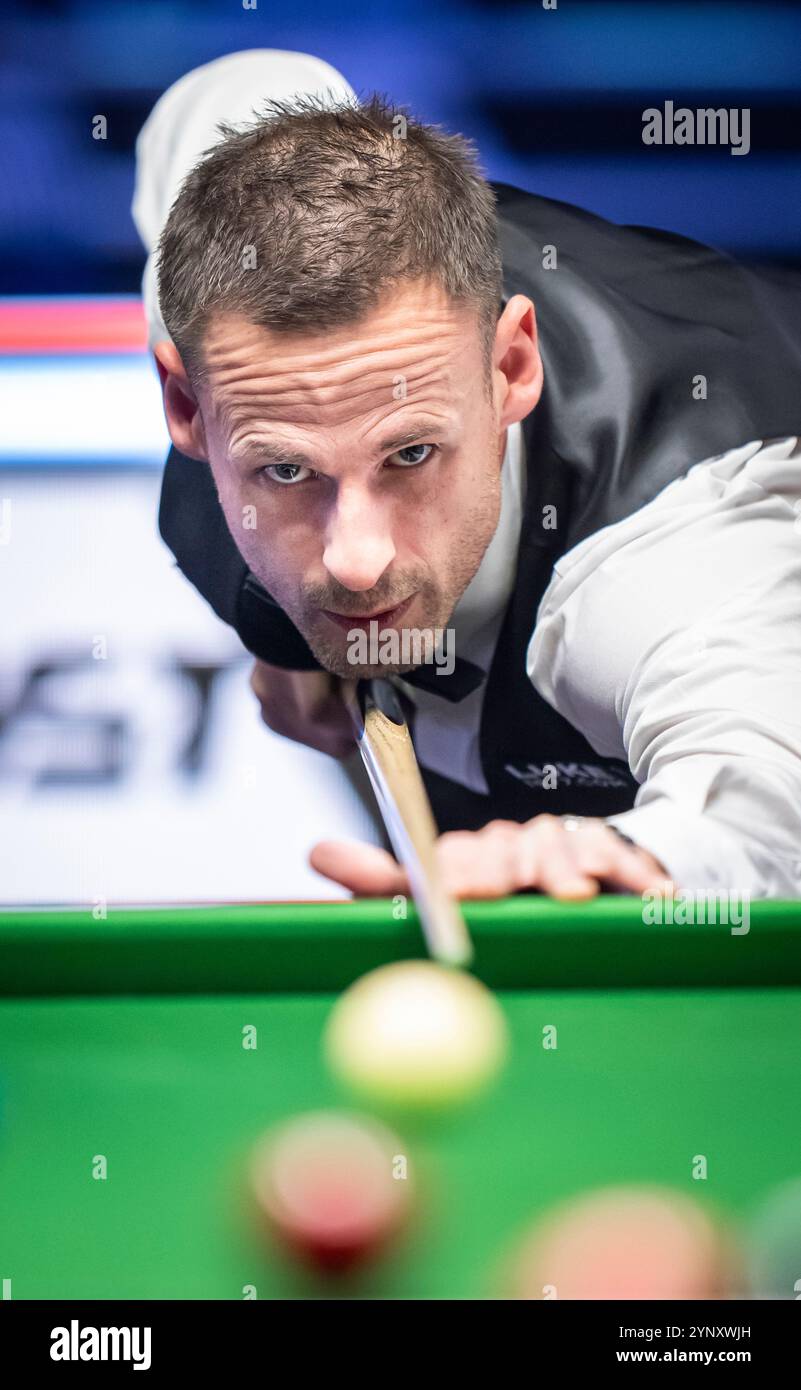 David Gilbert in action during his match against Barry Hawkins on day ...