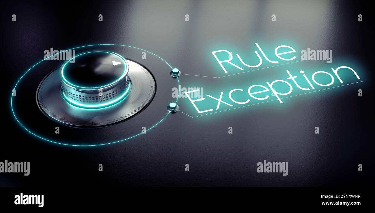 Rule, exception - rotary knob and glowing words - 3D illustration Stock ...