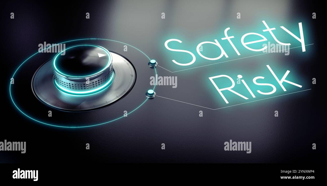 Safety, risk - rotary knob and glowing words - 3D illustration Stock ...