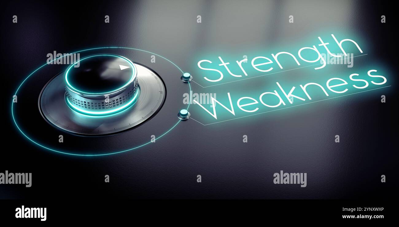 Strength, weakness - rotary knob and glowing words - 3D illustration ...