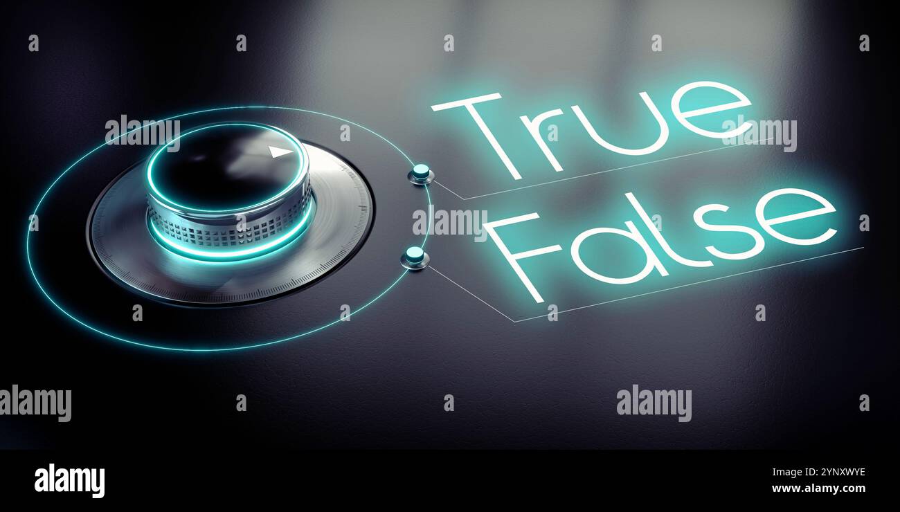 True, false - rotary knob and glowing words - 3D illustration Stock ...