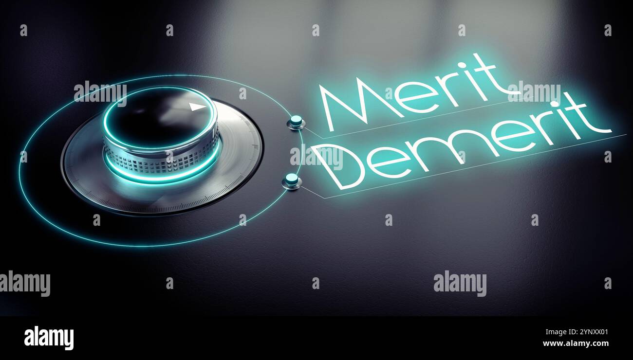 Merit, demerit - rotary knob and glowing words - 3D illustration Stock ...