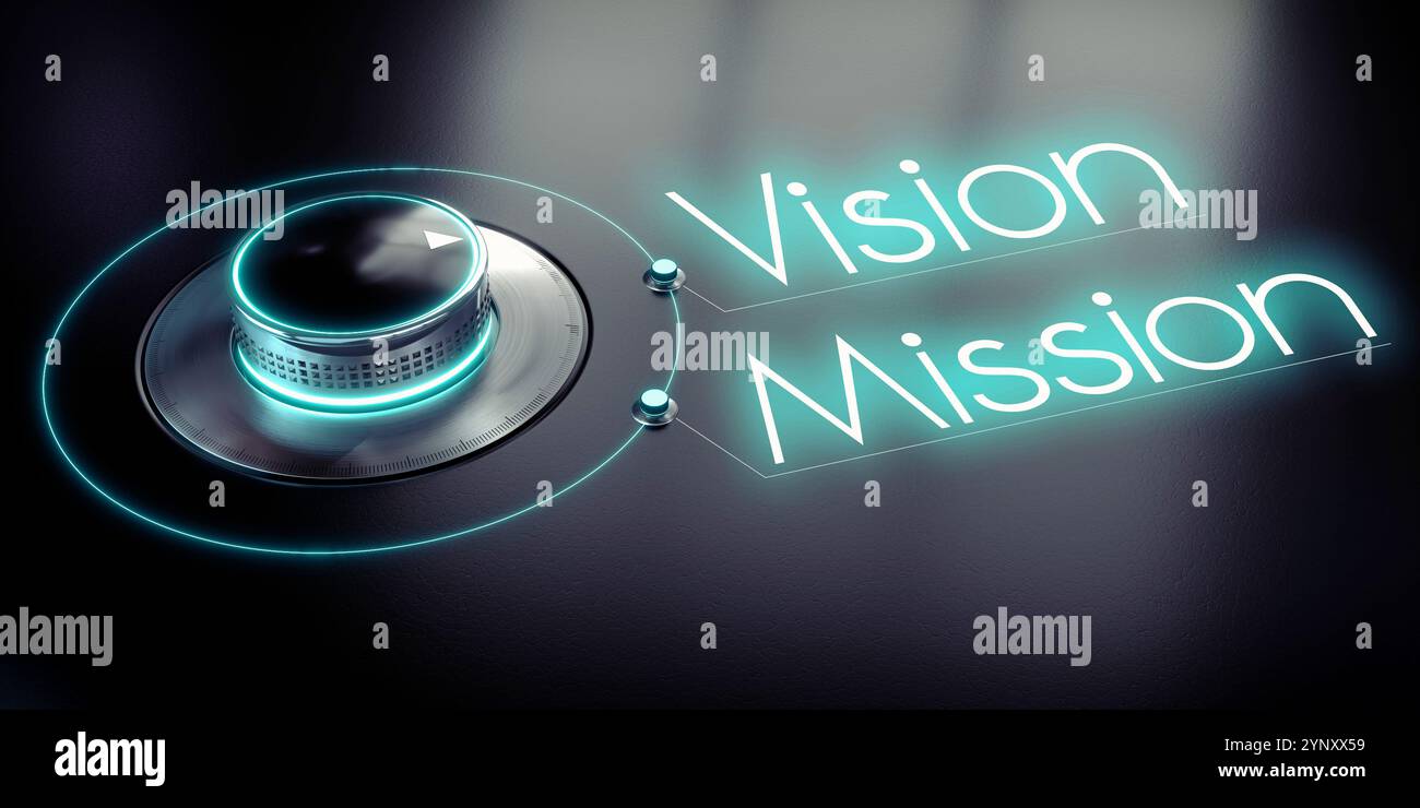 Vision, mission - rotary knob and glowing words - 3D illustration Stock ...