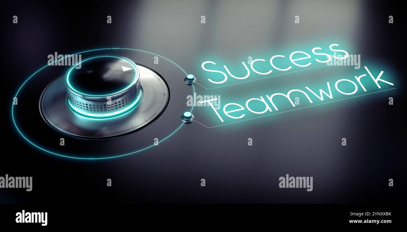 Success, teamwork - rotary knob and glowing words - 3D illustration ...