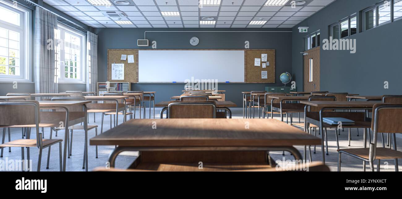 Empty classroom with wooden desks and whiteboard awaits students 3d ...