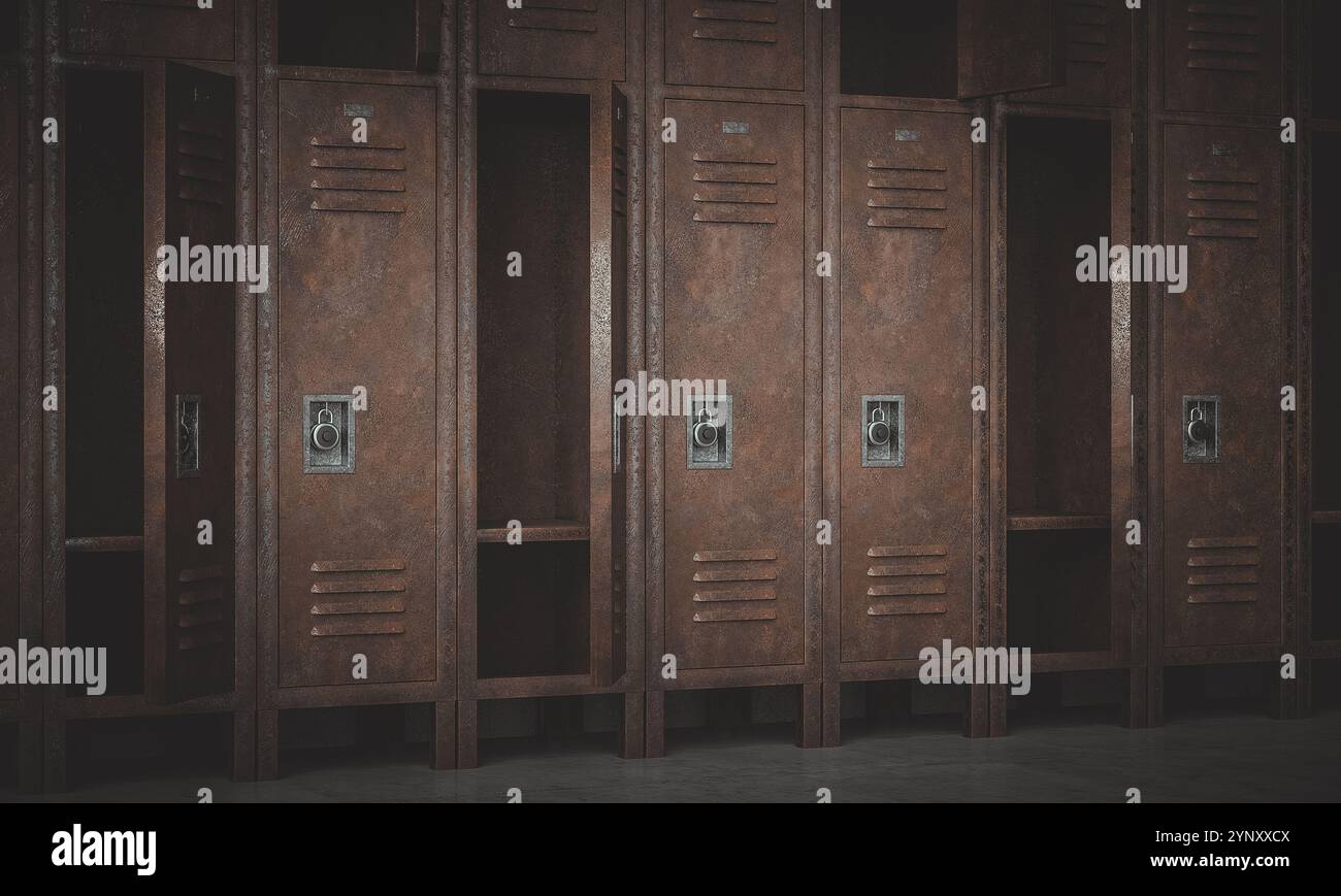 Empty rusty lockers in changing room showing aging and decay 3d Stock ...