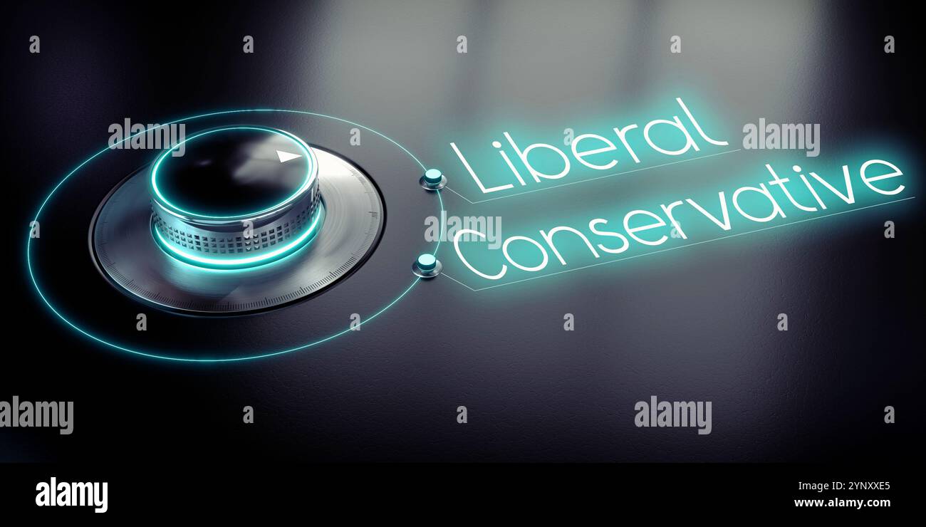 Liberal, conservative - rotary knob and glowing words - 3D illustration ...