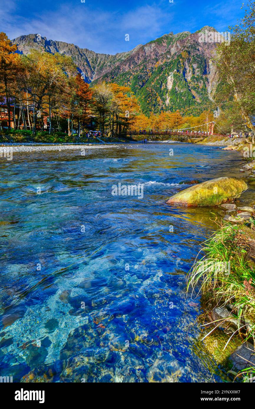 Beautiful mountain in autumn leaf and Azusa river, Kamikochi National ...