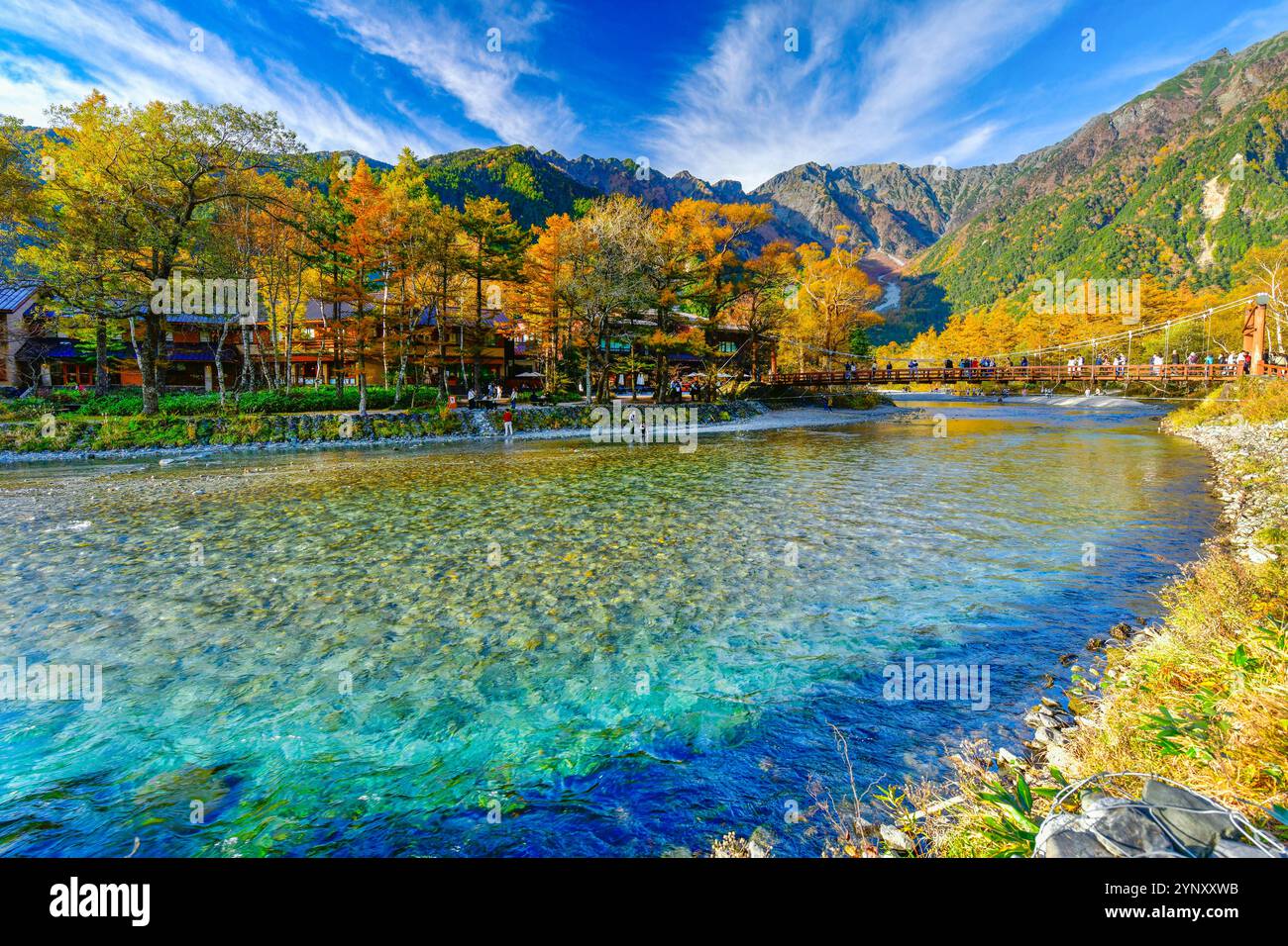 Beautiful mountain in autumn leaf and Azusa river, Kamikochi National ...