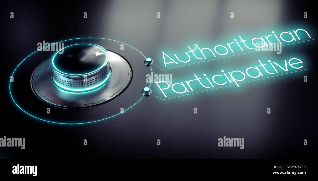 Authoritarian, participative - rotary knob and glowing words - 3D ...
