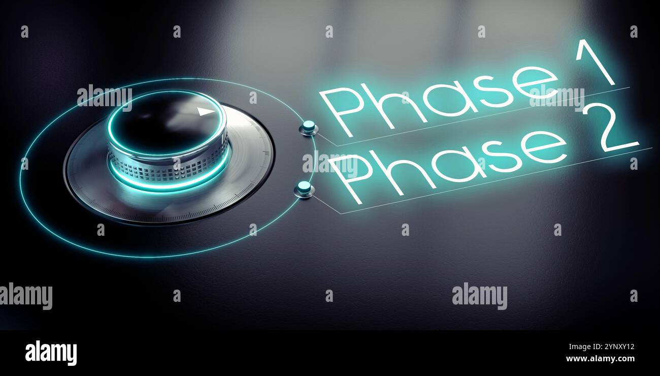 Phase 1 and 2 - rotary knob and glowing words - 3D illustration Stock ...