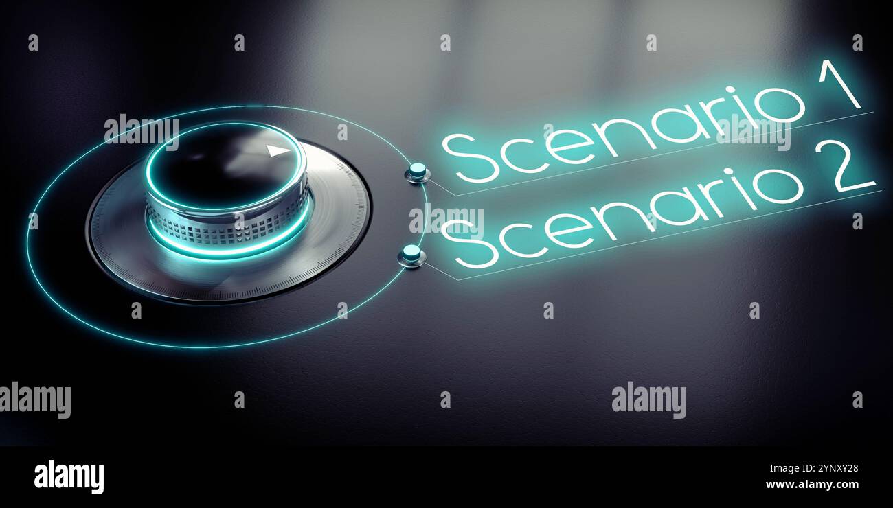 Scenario 1 and 2 - rotary knob and glowing words - 3D illustration ...