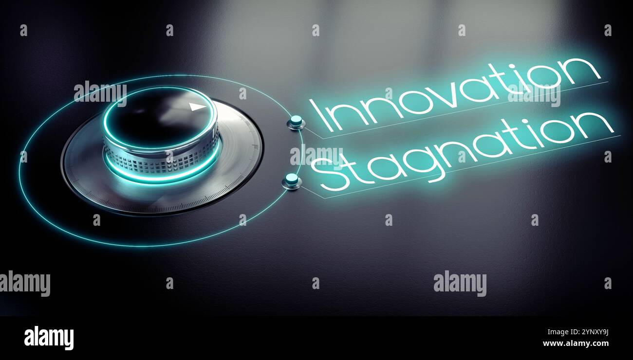 Innovation, stagnation - rotary knob and glowing words - 3D ...