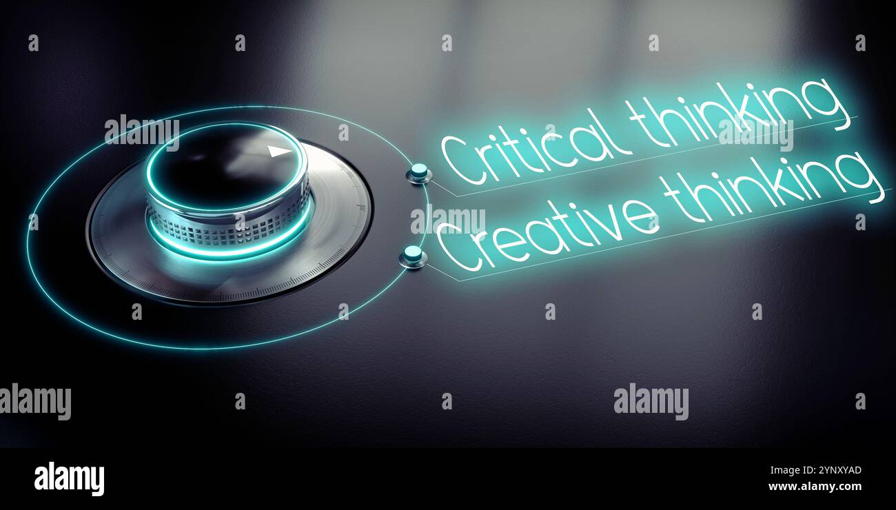 Critical thinking, creative thinking - rotary knob and glowing words ...