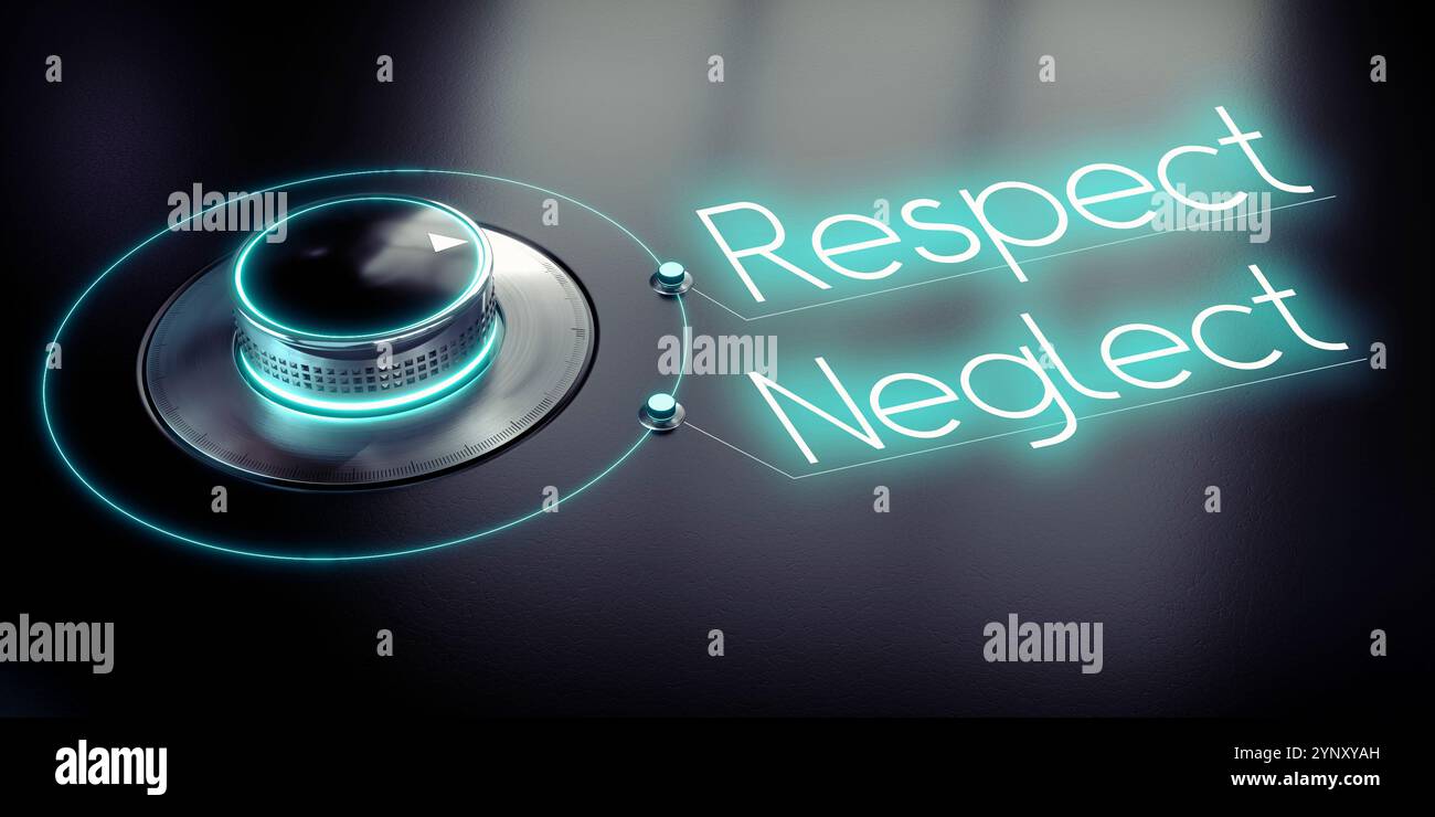 Respect, neglect - rotary knob and glowing words - 3D illustration ...