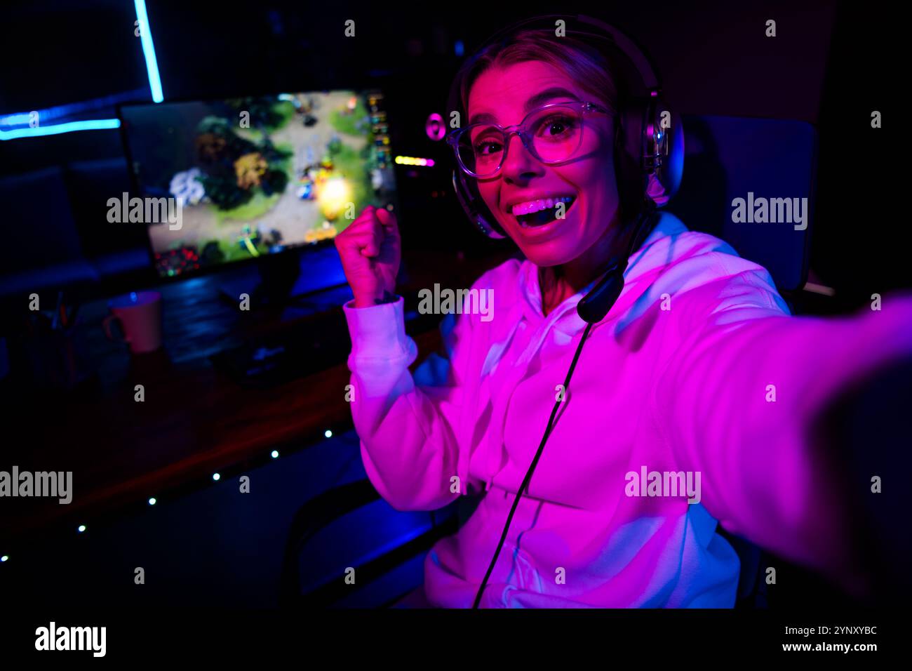 Photo of gamer lovely blonde young lady take selfie photo winning play ...