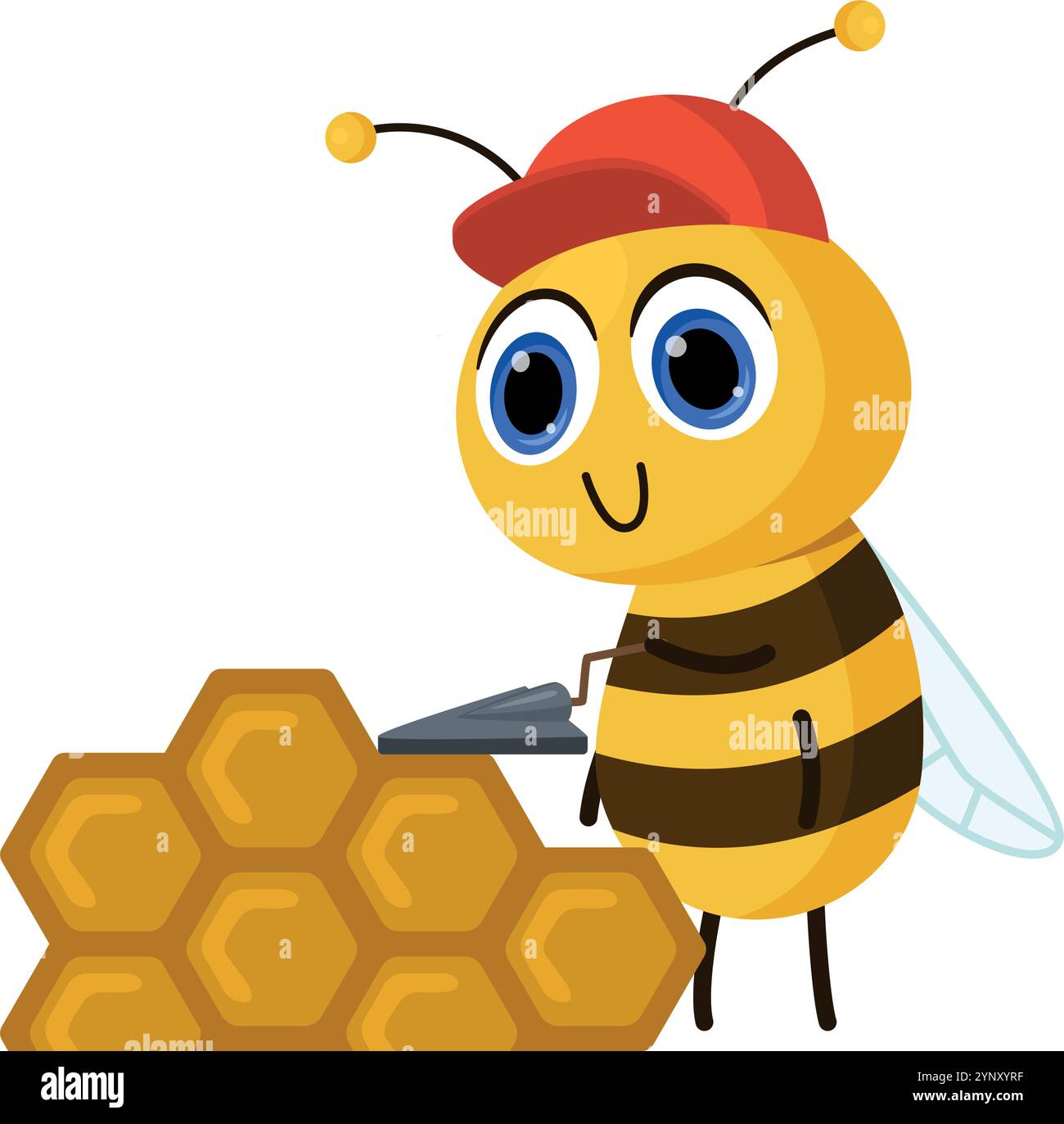 A cartoon bee is holding a shovel and standing in front of a stack of ...