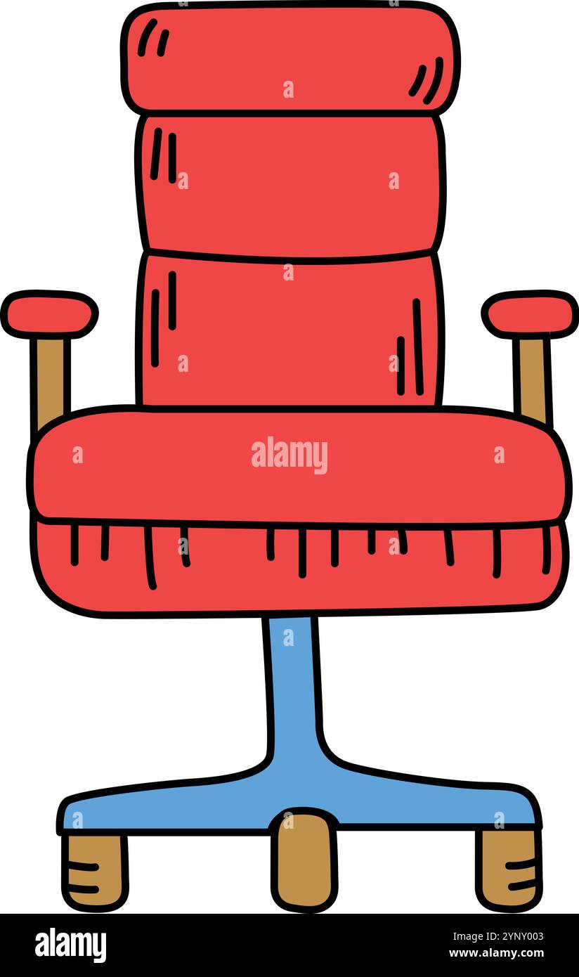 A cartoon chair with a red seat and blue legs. The chair is sitting on ...
