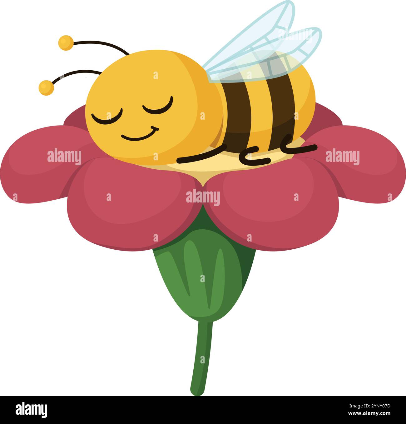 A cartoon bee is sleeping on a flower. The bee is smiling and he is ...