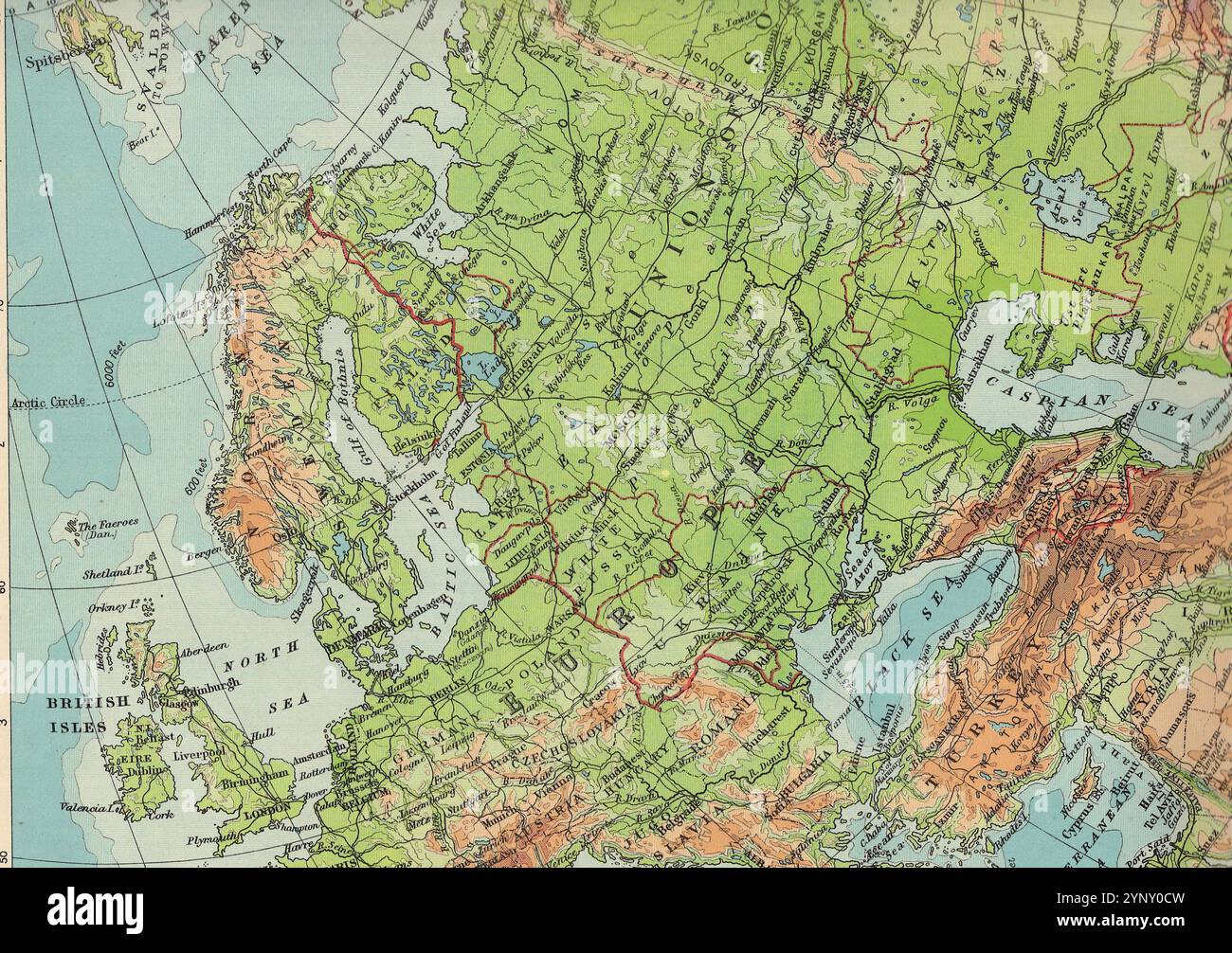 A vintage geographical map from the mid 20th century showing Russia and ...