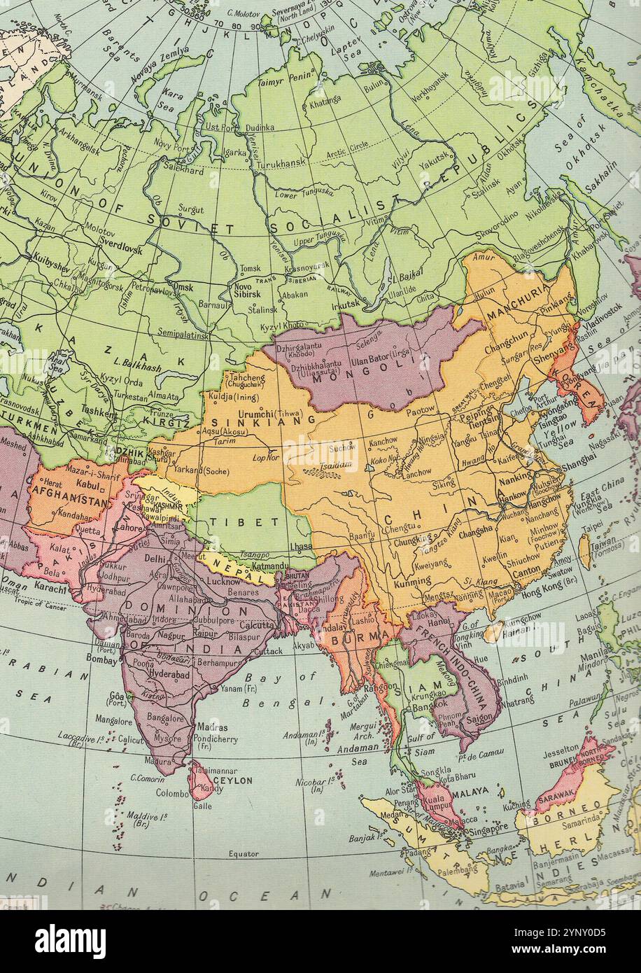 A vintage political map from the mid 20th century showing Asia Stock ...