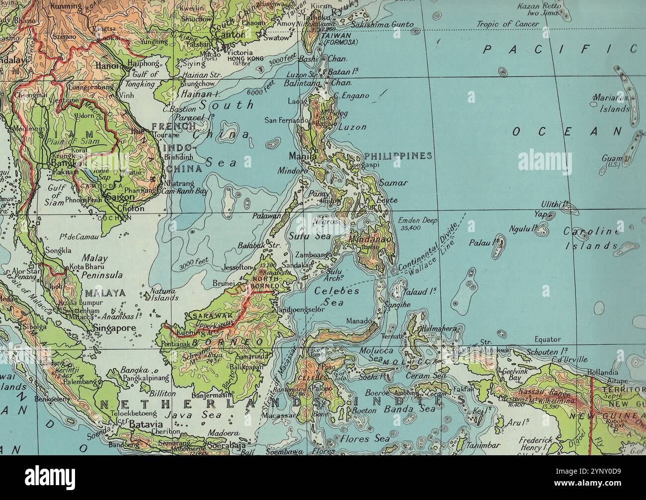 A vintage geographical map from the mid 20th century showing Borneo and ...