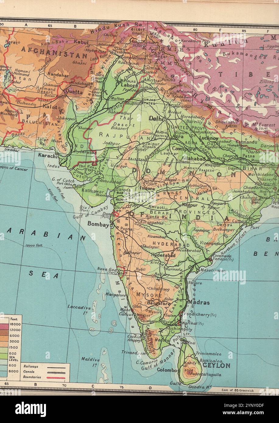 A vintage geographical map from the mid 20th century showing India ...