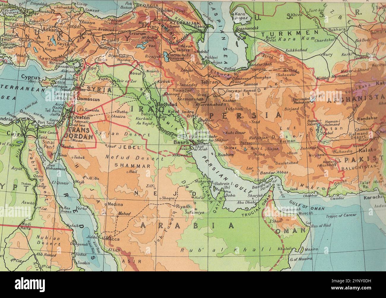 A vintage geographical map from the mid 20th century showing Arabia and ...