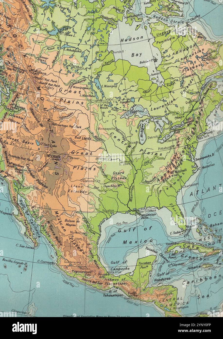 A vintage geographical map from the mid 20th century showing North ...