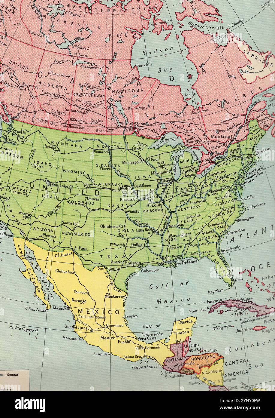 A vintage political map from the mid 20th century showing North America ...