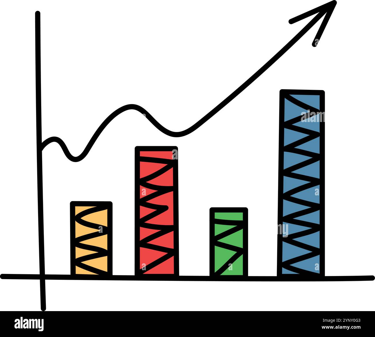 A graph with a line going up and a red, blue, and green bar. The bars ...