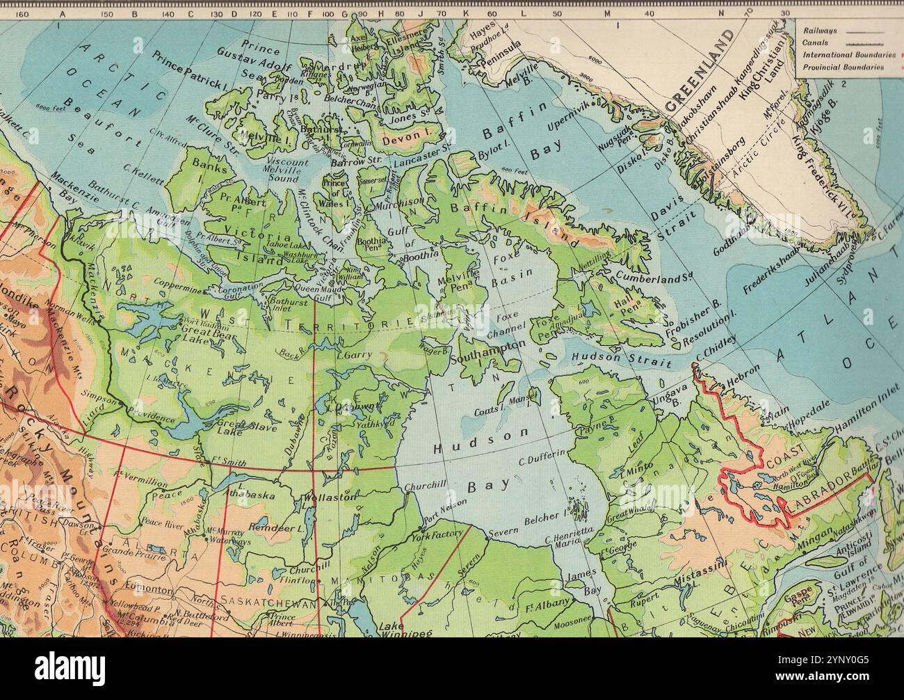 A vintage geographical map from the mid 20th century showing Canada ...