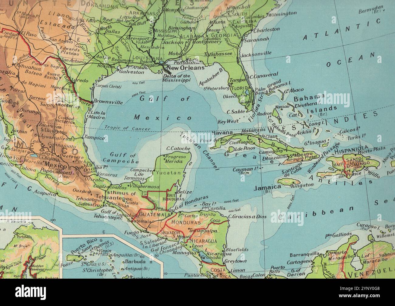 A vintage geographical map from the mid 20th century showing The Gulf ...
