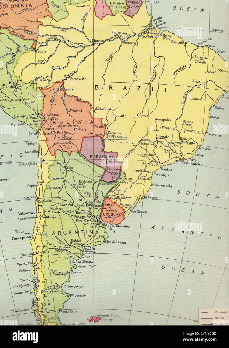 A vintage political map from the mid 20th century showing South America ...