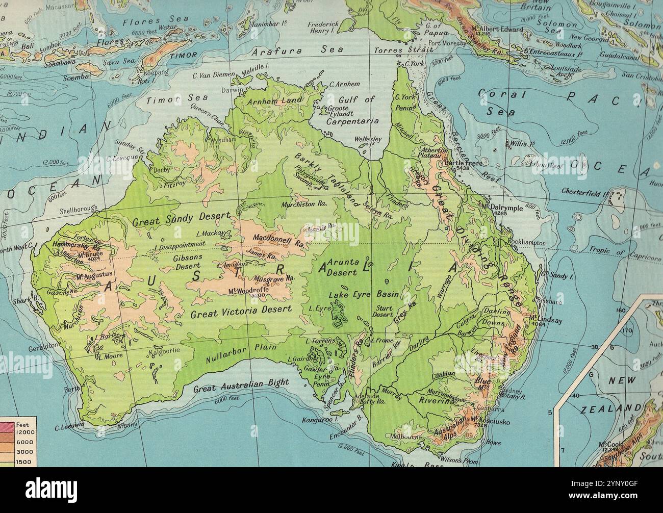 A vintage geographical map from the mid 20th century showing Australia ...