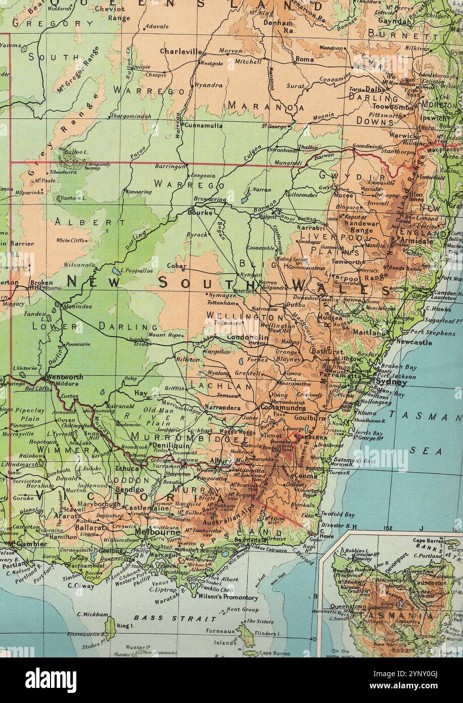 A vintage geographical map from the mid 20th century showing New South ...