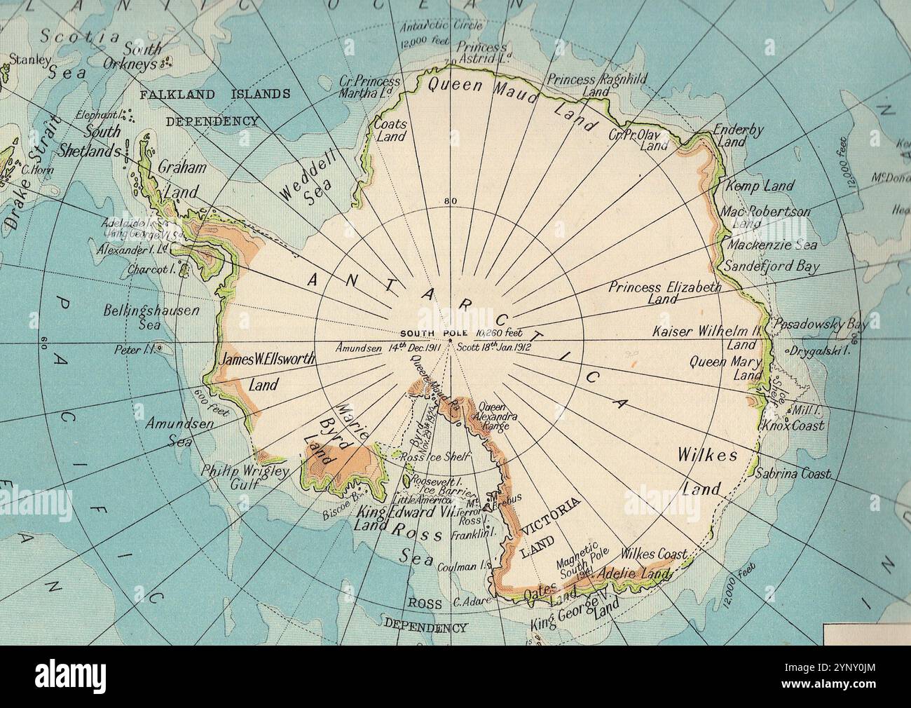 A vintage geographical map from the mid 20th century showing Antarctica ...