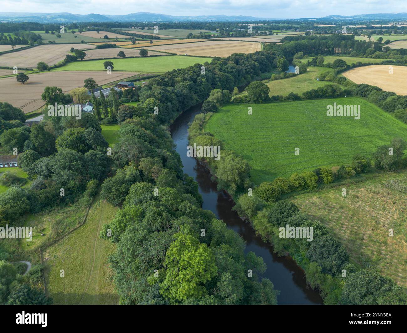 Aerial view of the River Severn in Montford Bridge (SY4), Shropshire ...