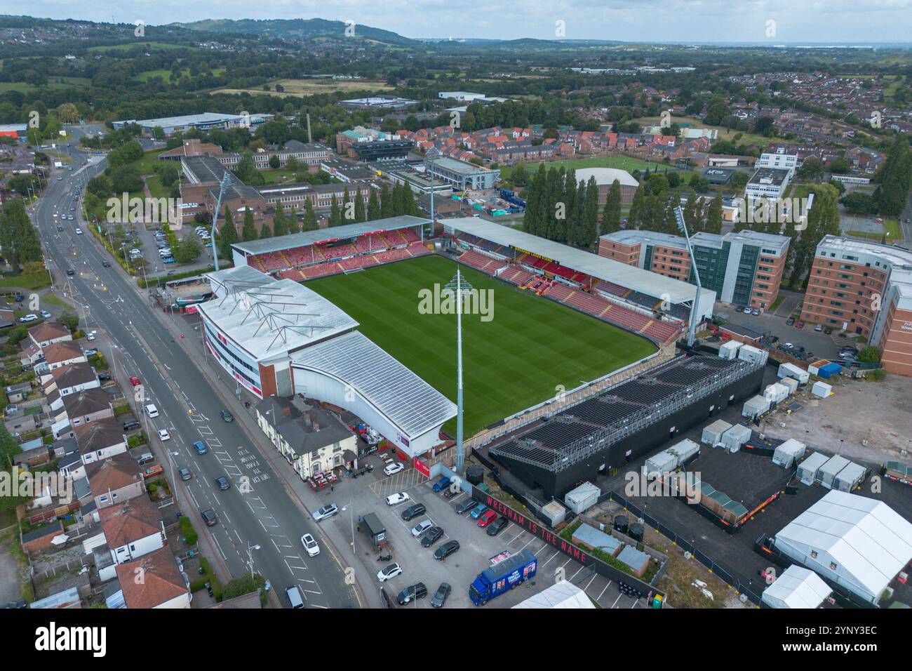 Aerial view of the Racecourse Ground, home ground of Wrexham AFC, Wales ...