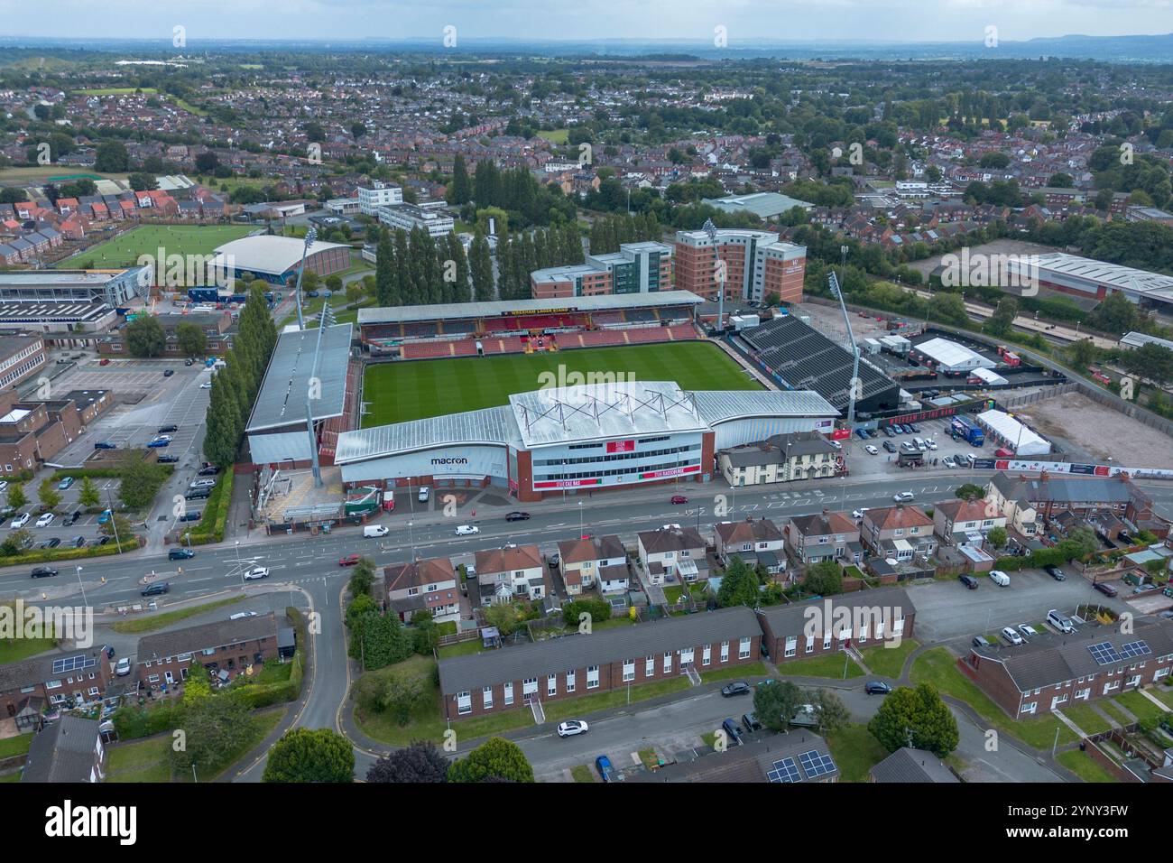 Aerial view of the Racecourse Ground, home ground of Wrexham AFC, Wales ...