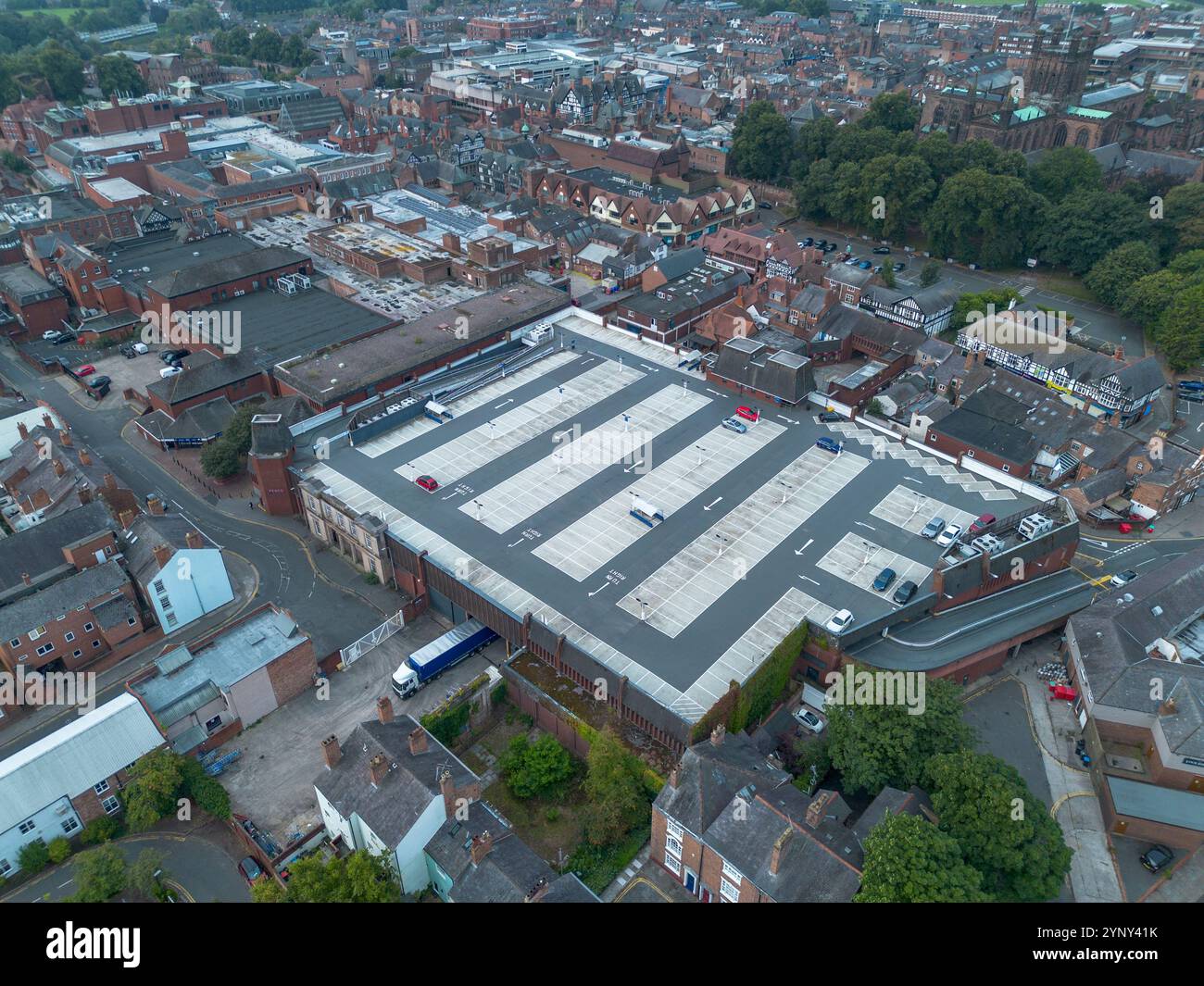 Aerial view of the Tesco Superstore Chester city centre, Cheshire, UK ...