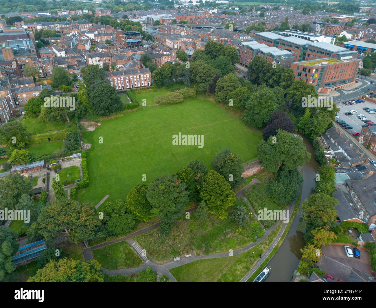 Aerial view of the Chester Roman walls and Abbey Green, Chester city ...