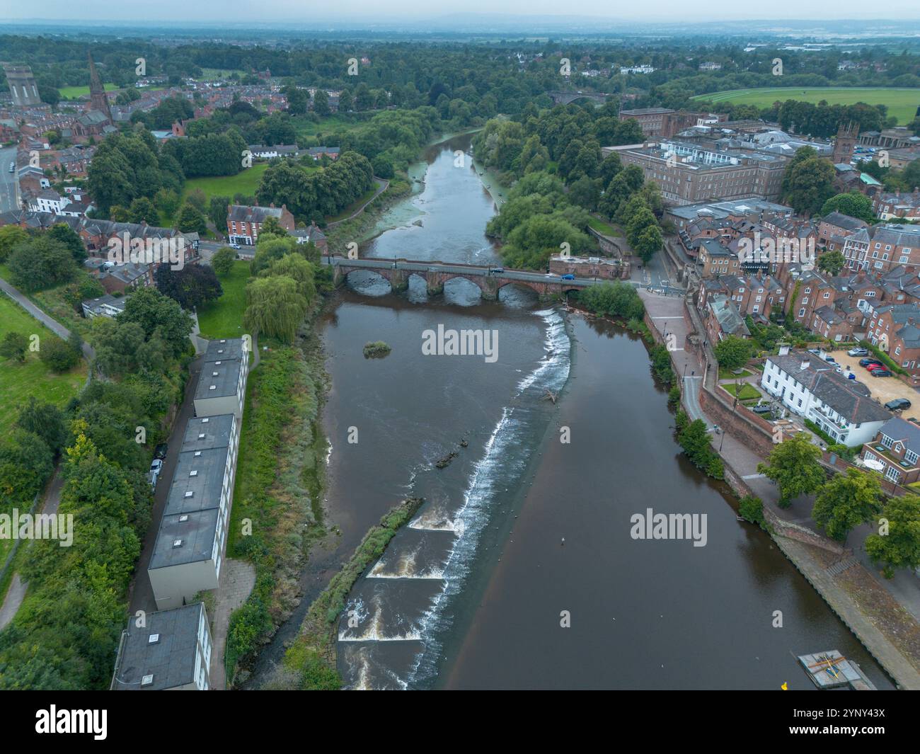 Aerial view of the Chester Weir on the River Dee with the Old Dee ...