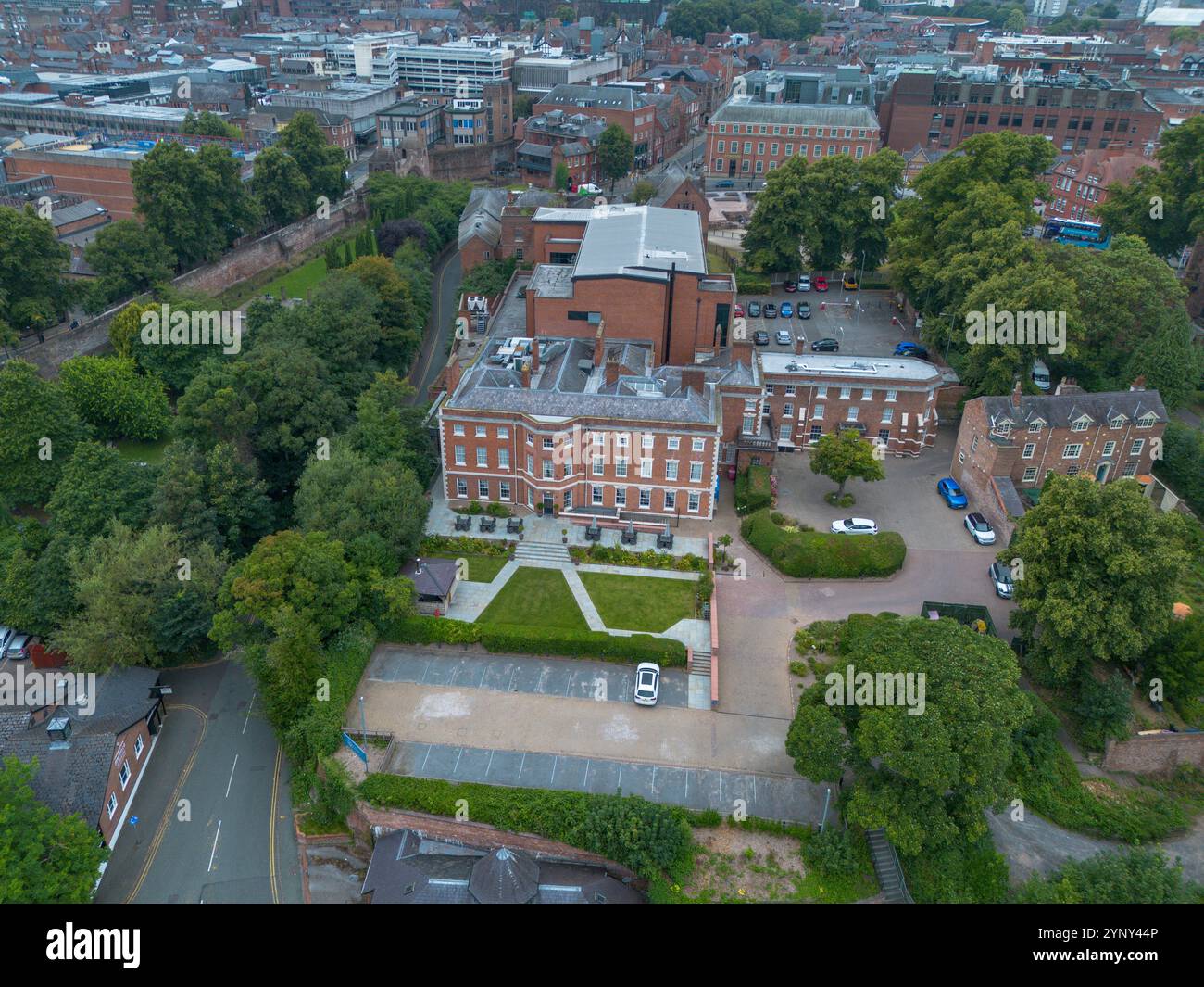 Aerial view of the Old Palace Chester, Chester city centre, Cheshire ...