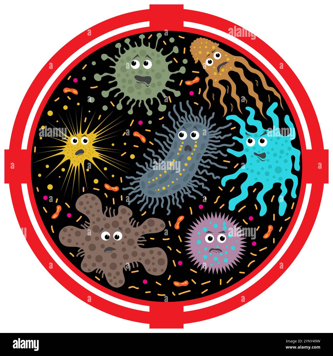 Vector Different Cartoon Microbes Isolated on Dark Background. Pandemic Colored Bacteria ...