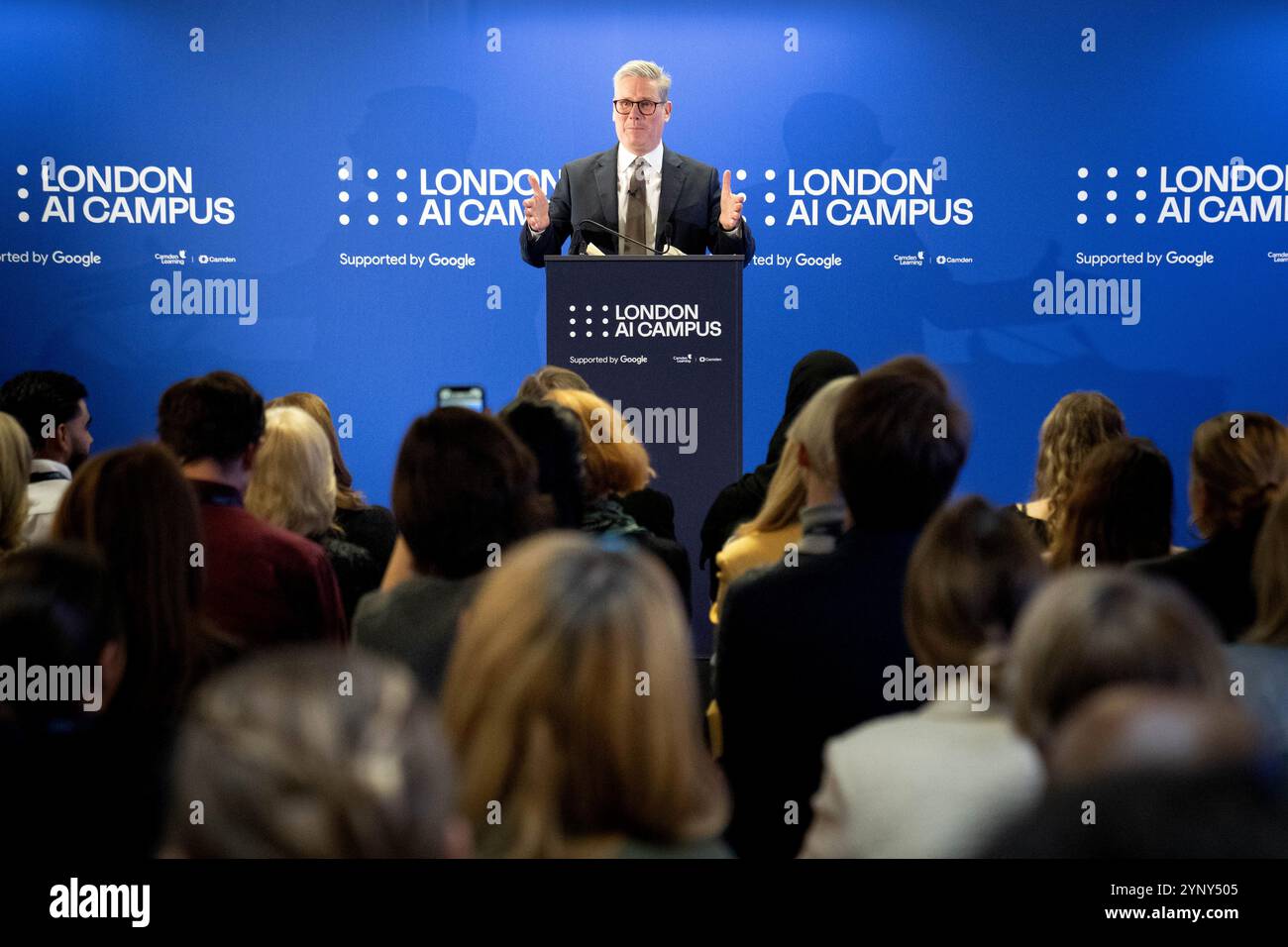 Prime Minister Sir Keir Starmer gives a speech during a visit to Google ...
